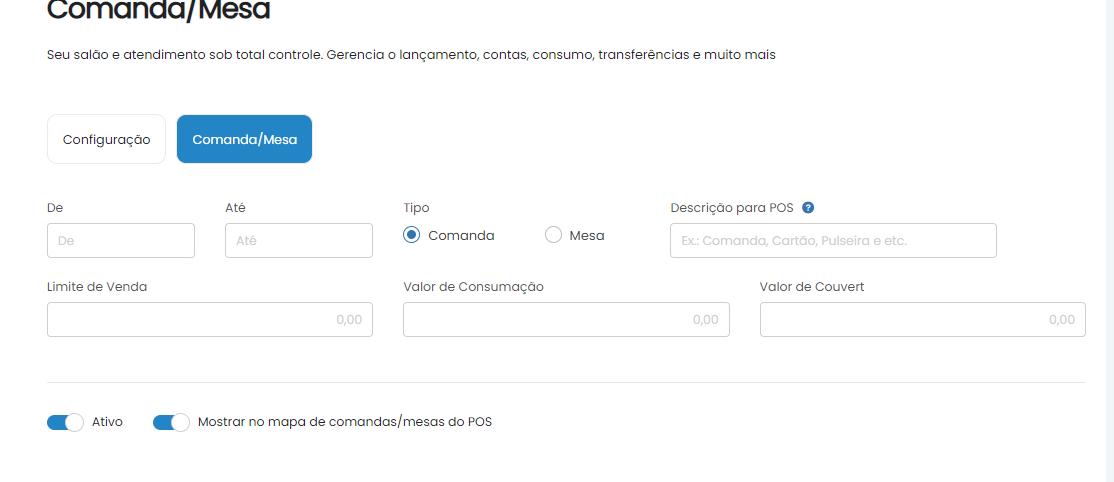 Cadastro de Comanda e Mesa.