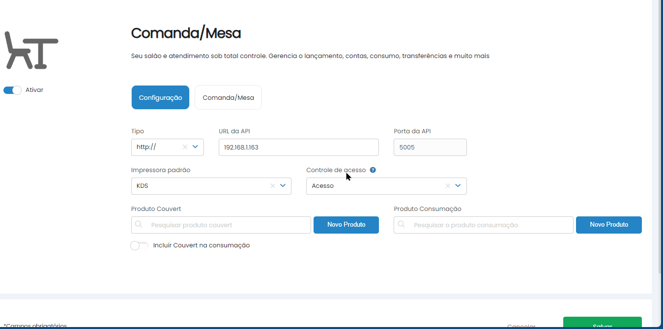 Cadastro de Comanda e Mesa.